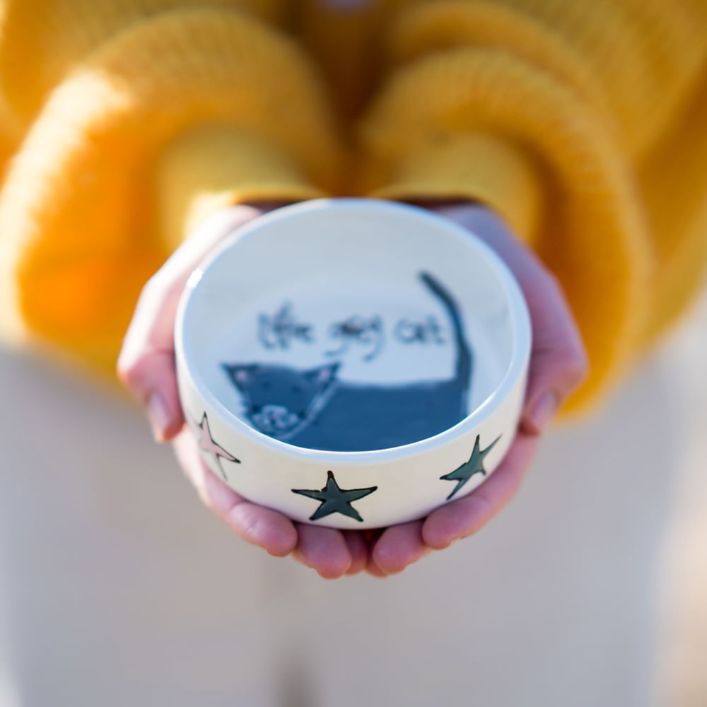 Hand-painted ceramic pet bowl with grey cat design - Gallery Thea